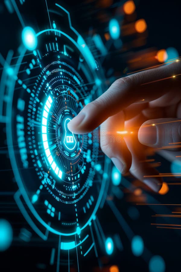 AI Cyber Security, Hand Pointing at Virtual Security Hologram in High ...