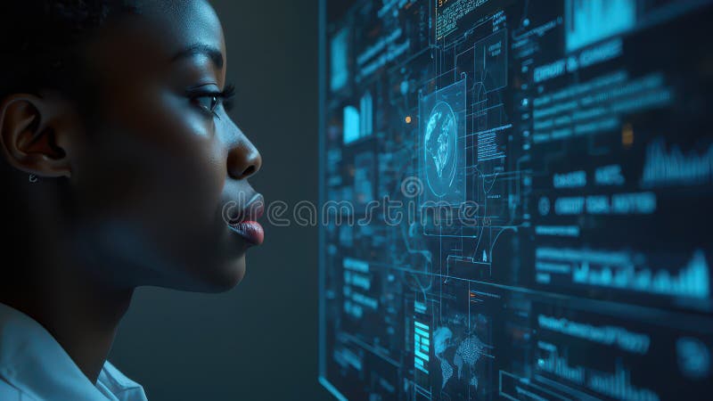 AI Cyber Security Threat Illustration. Black African American Female it Specialist Analyzing ...