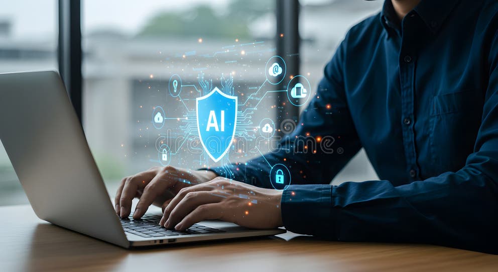 Ai Cybersecurity Solutions Man Typing on Laptop with Ai Security Shield ...
