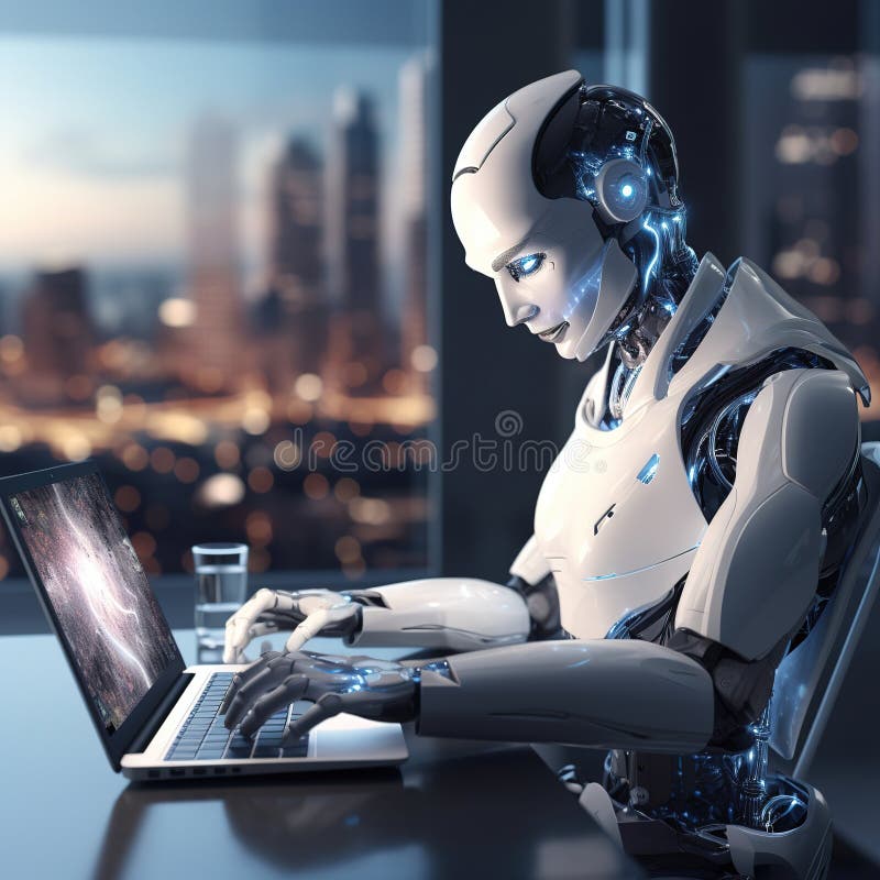 AI Cyborg Android Robot Working with Laptop in Office Artificial ... AI Cyborg Android Robot Working with Laptop in Office Artificial ...