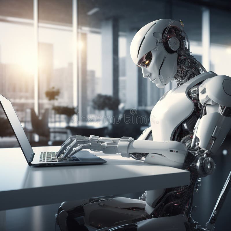 AI Cyborg Android Robot Working with Laptop in Office Artificial ... AI Cyborg Android Robot Working with Laptop in Office Artificial ...