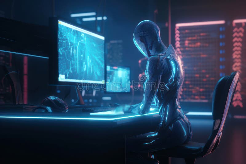 AI Cyborg Android Robot Working with Laptop in Office. Chat GPT Artificial Intelligence Chatbot ...