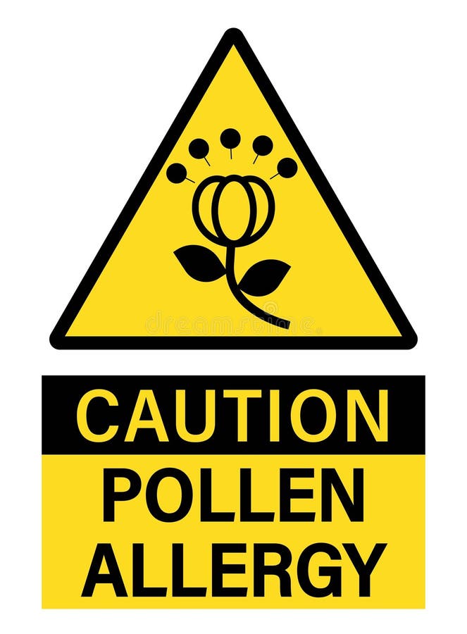 Caution, Pollen Allergy. Yellow Warning Triangle Sign with Flower and Pollens in the Air. Text ...