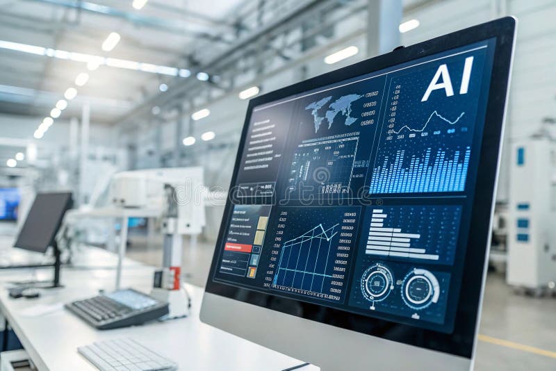 AI Dashboard on Computer Screen in Factory Stock Illustration ...