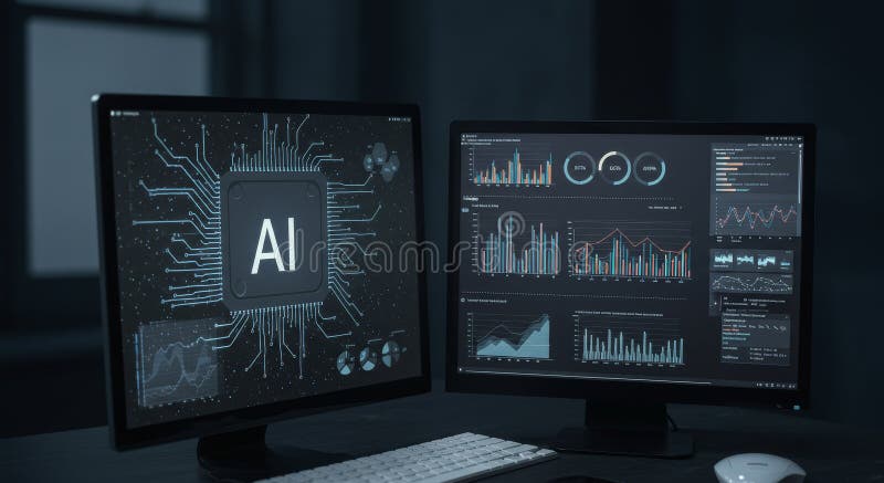 AI Data Analysis on Dual Monitors AIpowered Data Visualization Machine ...