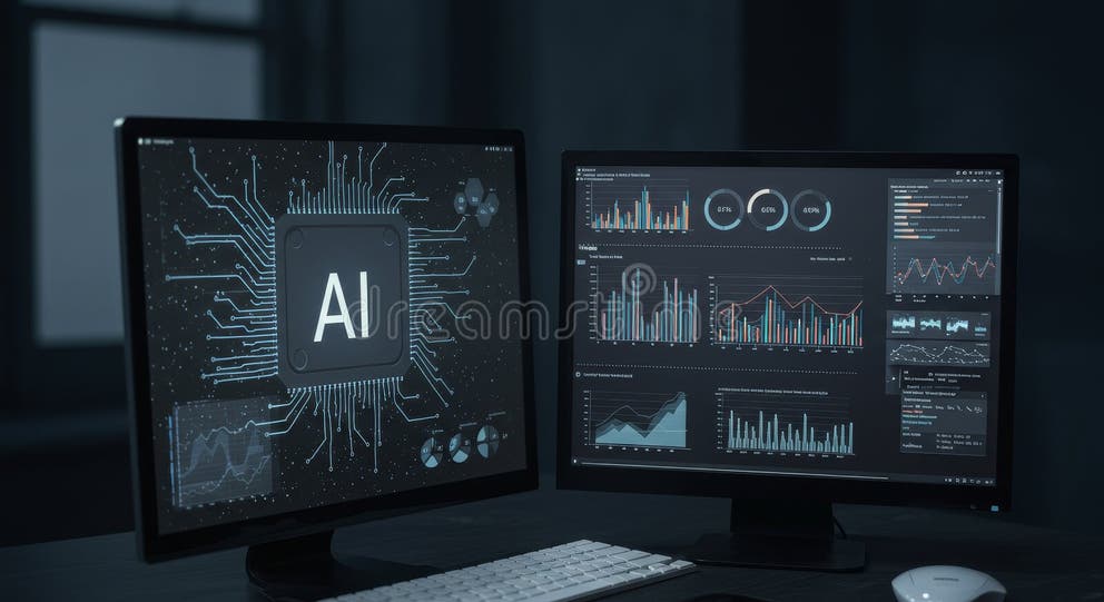 AI Data Analysis on Dual Monitors AIpowered Data Visualization Machine ...