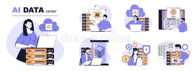 AI Data Center Concept Set in Flat Web Design. People in Isolated Scenes Using Network Computing ...