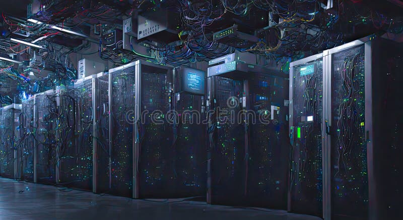 AI Data Center with Multiple Rows of Fully Operational Server Racks ...