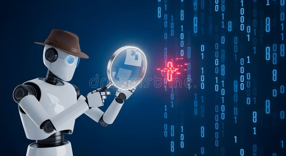 AI Data Forensics Concept Showing a Robot Detective Inspecting a ...