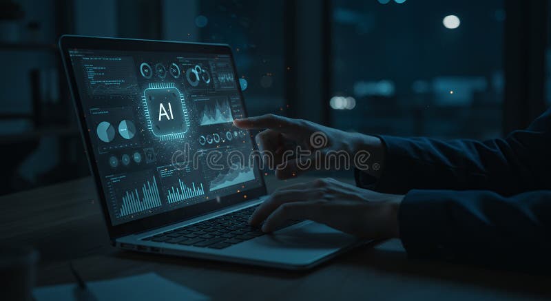 AI Data Insights: Analyzing Intelligence on Laptop. Futuristic Tech, Business Intelligence ...