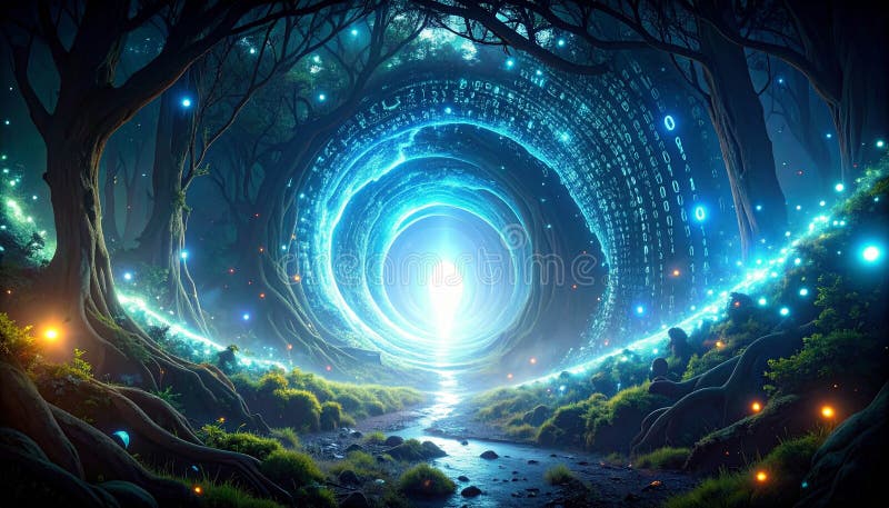 AI Data Stream Moving through Virtual Tunnel. AI Themed Background ...