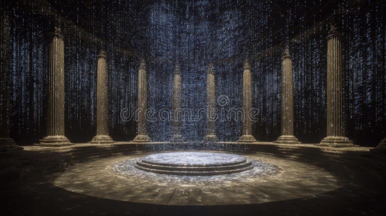 AI Data Temple Theme, Towering Columns Made of Glowing Code Lines ...