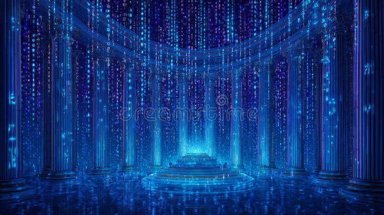 AI Data Temple Theme, Towering Columns Made of Glowing Code Lines ...