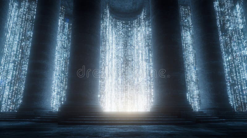 AI Data Temple Theme, Towering Columns Made of Glowing Code Lines ...