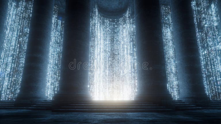 AI Data Temple Theme, Towering Columns Made of Glowing Code Lines ...
