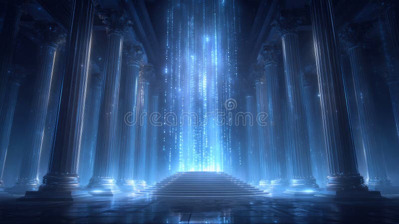 AI Data Temple Theme, Towering Columns Made of Glowing Code Lines ...