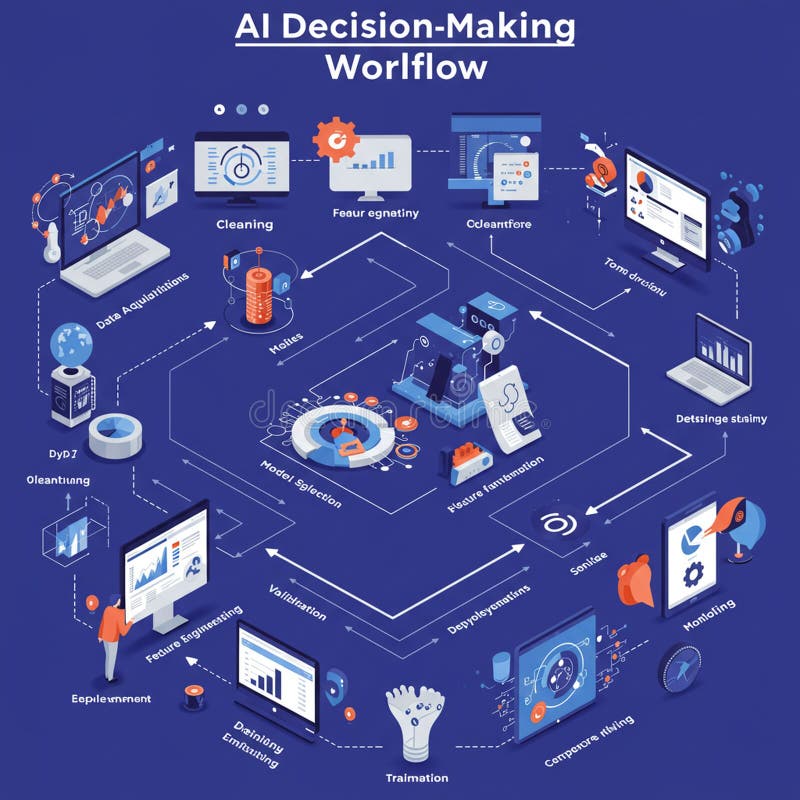 AI Decision-making Workflow Diagram on a Blue Background. Central Elements Include Stock ...