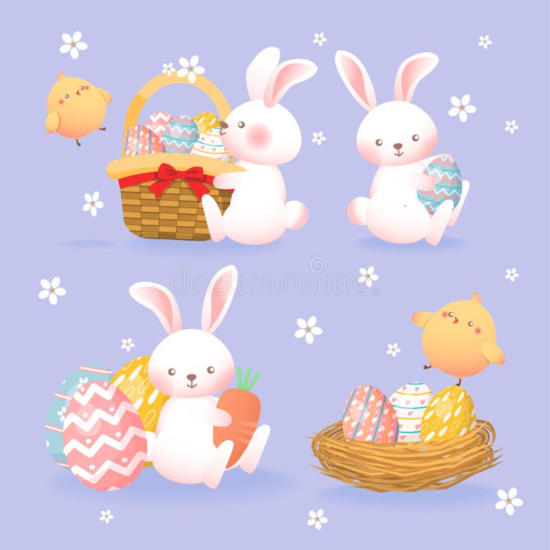 A Set of Cute Easter Illustrations with Eggs, Hares, Baskets, Nests and ...