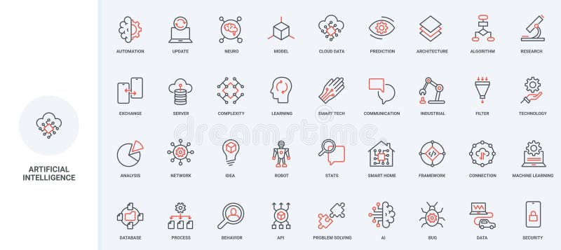 AI Digital Brain, Network with Artificial Intelligence, Machine Learning Line Icon Set Stock ...