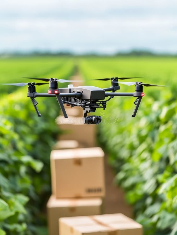 AI Driven Aerial Delivery Drone in Green Field Transporting a Package ...