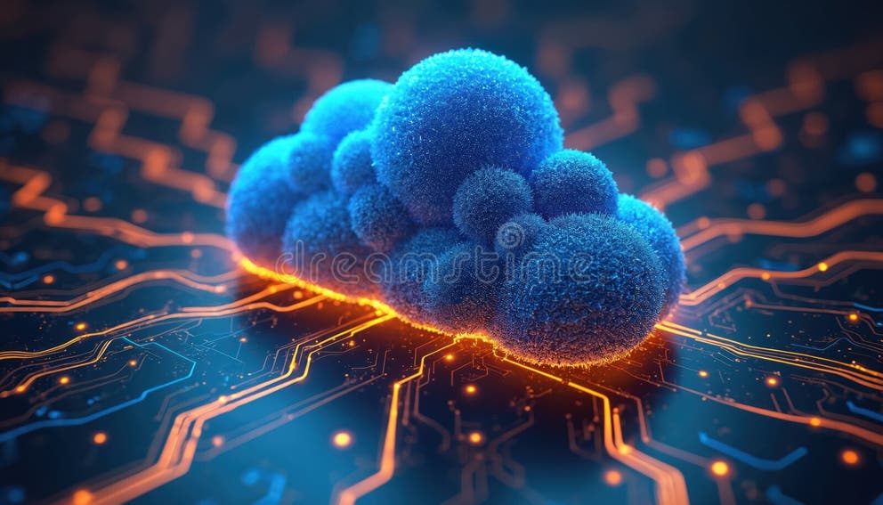 AI-driven Cloud Computing Concept with Blue, Golden Digits, Code Visuals. Represents Secure Data ...
