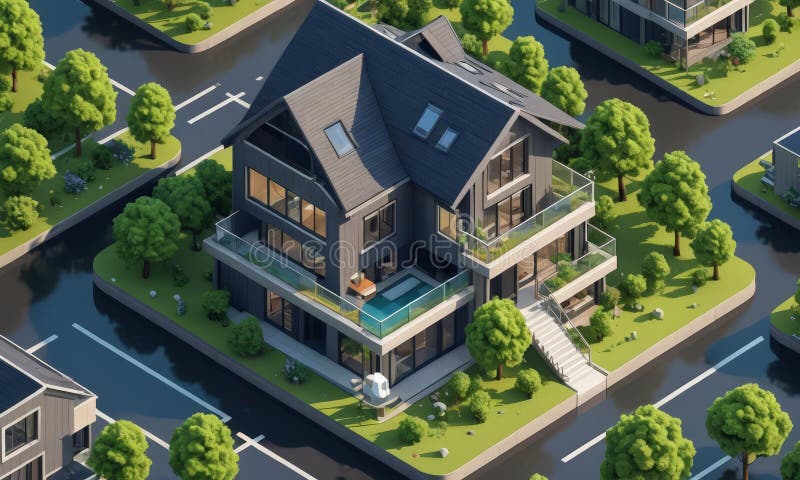 House Surrounded by Trees and Water Stock Illustration - Illustration ...