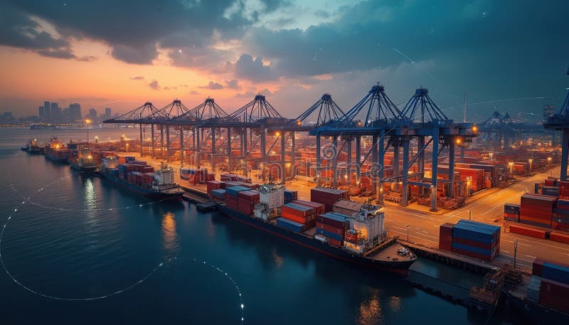 AI-driven Logistics Concept at Harbor. Cargo Ships with Containers ...