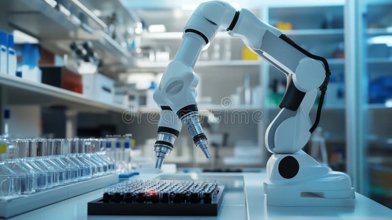 Futuristic AI Robotic Arm in High-Tech Biotech Lab Stock Illustration ...