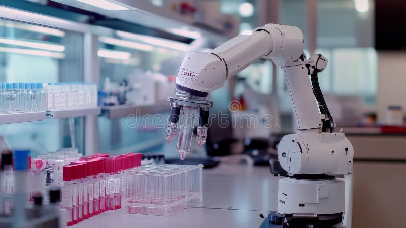 Futuristic AI Robotic Arm in High-Tech Biotech Lab Stock Illustration ...