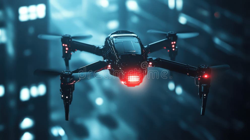 AI-Driven Surveillance Drone with Futuristic Interface and Glowing Blue ...