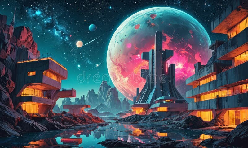 Futuristic City with Large Planet in the Background Stock Illustration ...