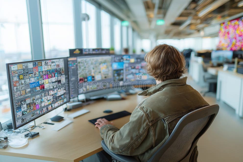 AI Engineer Adjusting Model on Bright Dashboard in Modern Daylit Workspace Stock Illustration ...