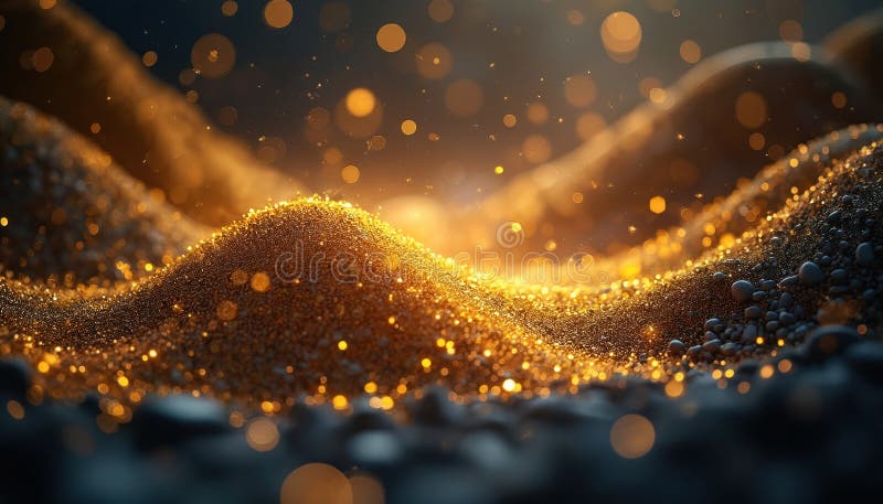 AI-enhanced Gold Mining Illustration. Golden Hills Sparkle, Bokeh ...