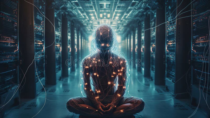 AI-enhanced, Neural Illustration of Human in Lotus Position, Wired To ...