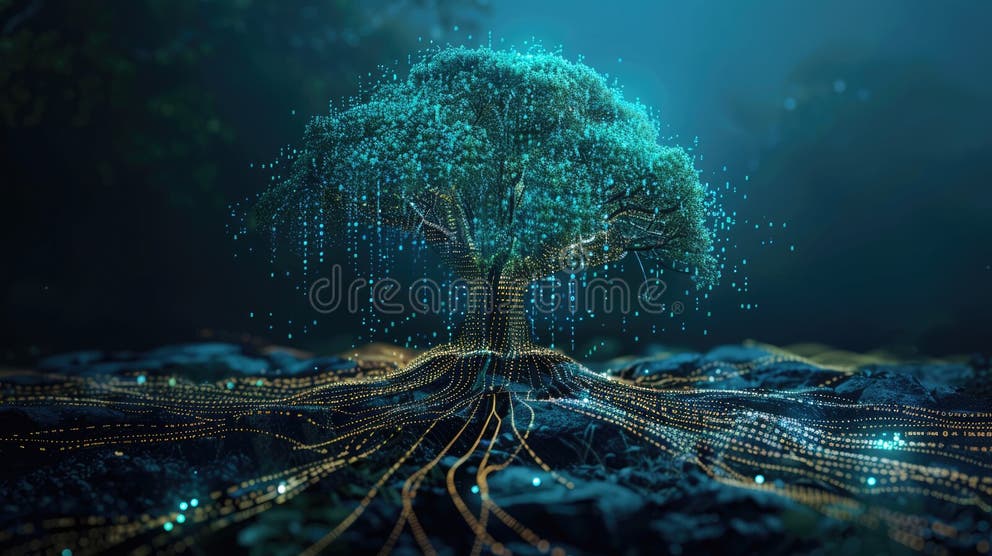 AI Ethics and Governance. Binary Code Leaves Digital Tree, Roots Blend ...