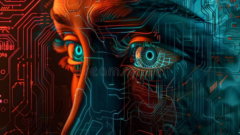 Close-Up of Futuristic AI Face with Digital Circuits and Glowing Eyes ...