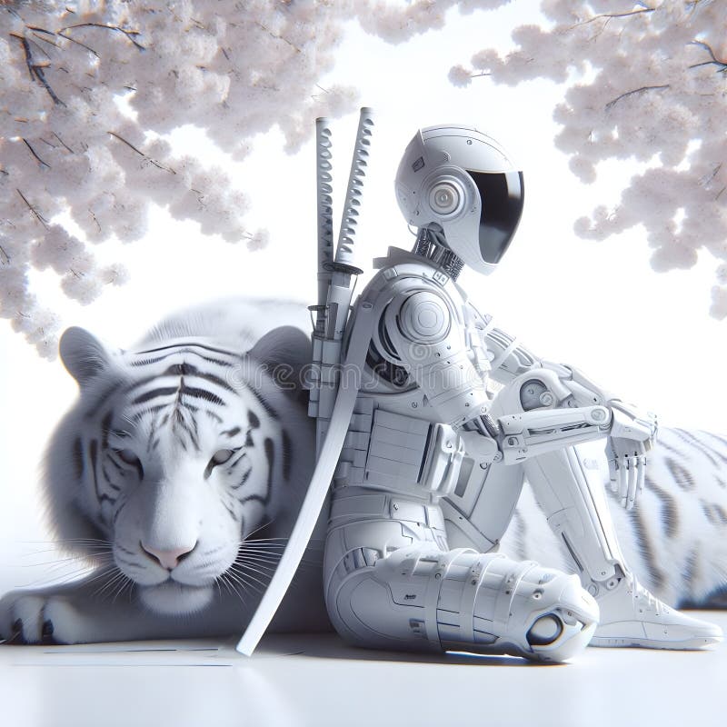Ai Female Robot Sitting Next To a Large White Tiger. Stock Illustration ...