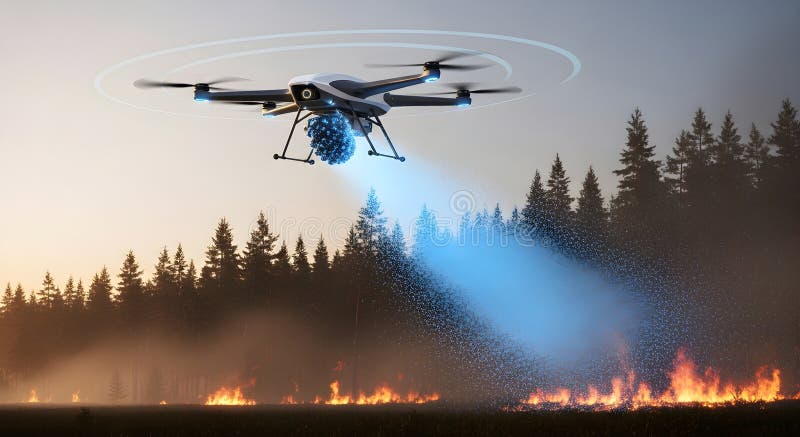 An AI Firefighting Drone Battling a Forest Fire with Data Particles, a Futuristic Concept for ...