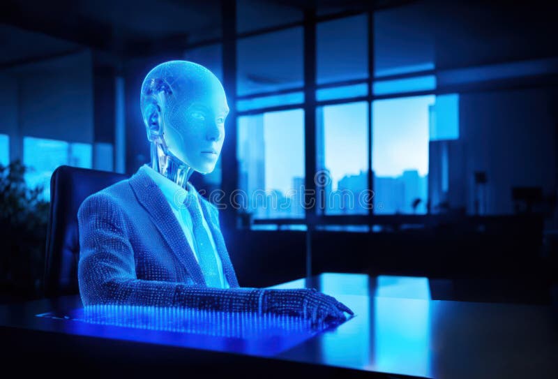 AI in the Form of a Hologram of an Android in a Suit Sits in a Modern ...