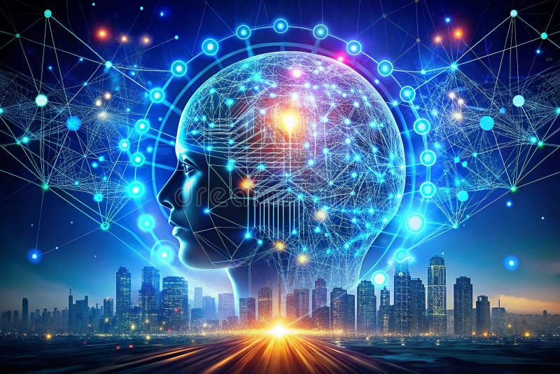 AI, Futuristic Head, City Skyline, Digital Network Stock Illustration ...