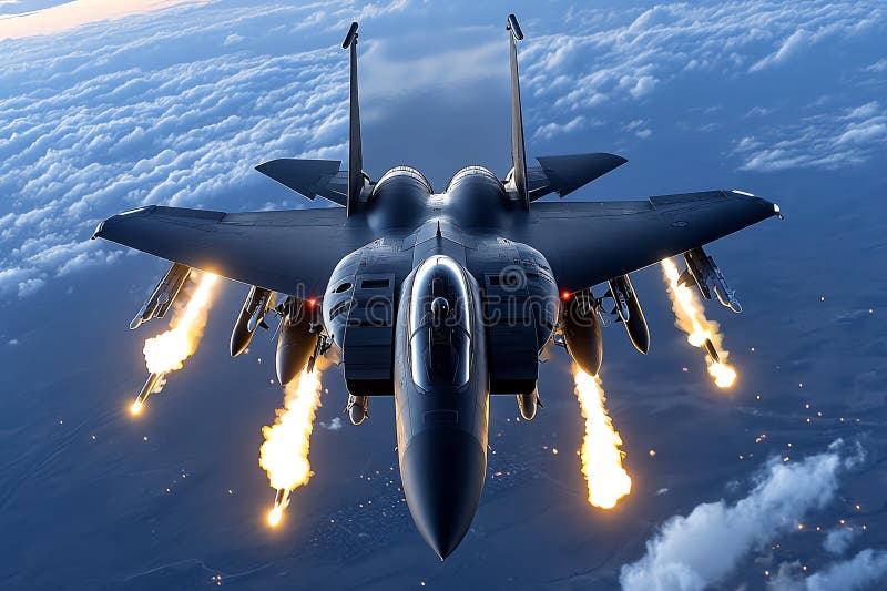 A Fighter Jet Executing a High-speed Turn, with Flares Being Deployed ...