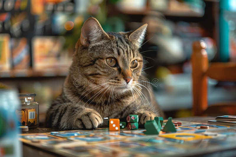A Curious Tabby Cat Sitting at a Table with a Board Game, Surrounded by ...