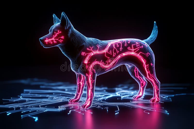 Futuristic Neon Dog with Glowing Patterns Standing on a Cracked Surface ...