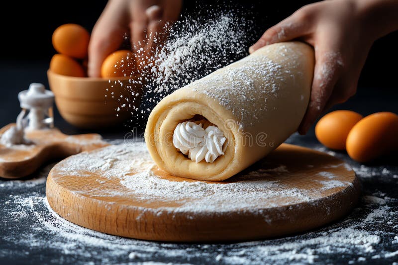 Handmade Dessert Baking, Rolling, and Filling Shown in a Baking Process ...