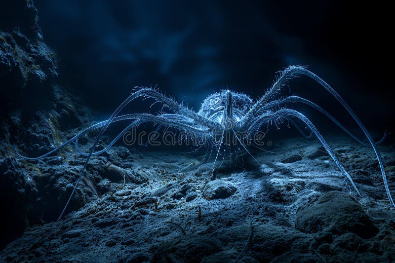 A Mysterious Deep-sea Creature with Long Tentacles Illuminated in Blue ... A Mysterious Deep-sea Creature with Long Tentacles Illuminated in Blue ...