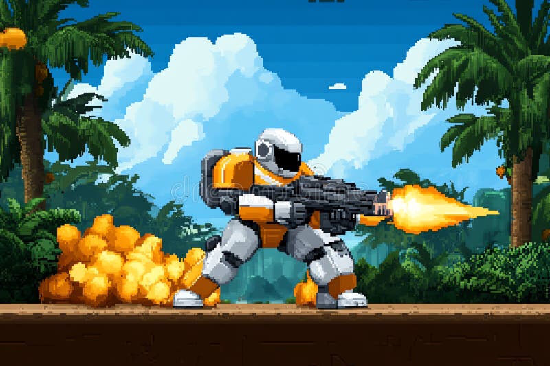 A Retro Pixel Art Image of a Robotic Exoskeleton in a Side-scrolling ...