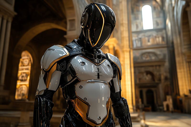 A Robotic Exoskeleton in a Dilapidated, Ancient Cathedral, with Dark ...