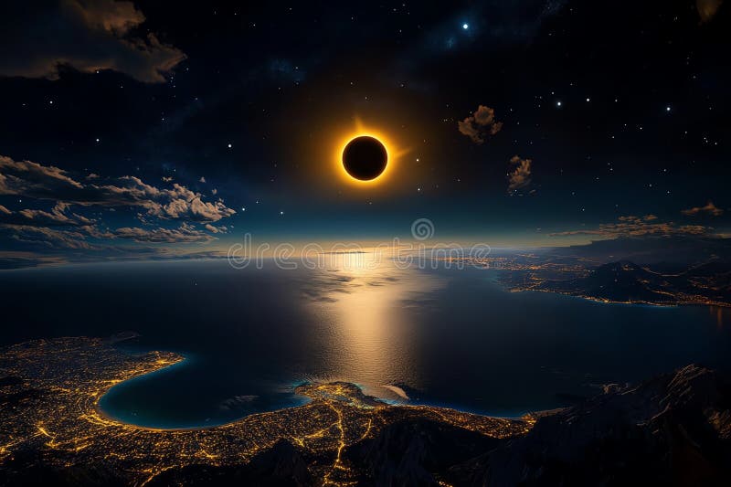 A Total Solar Eclipse Over a Coastal City at Sunset, with a Glowing ...