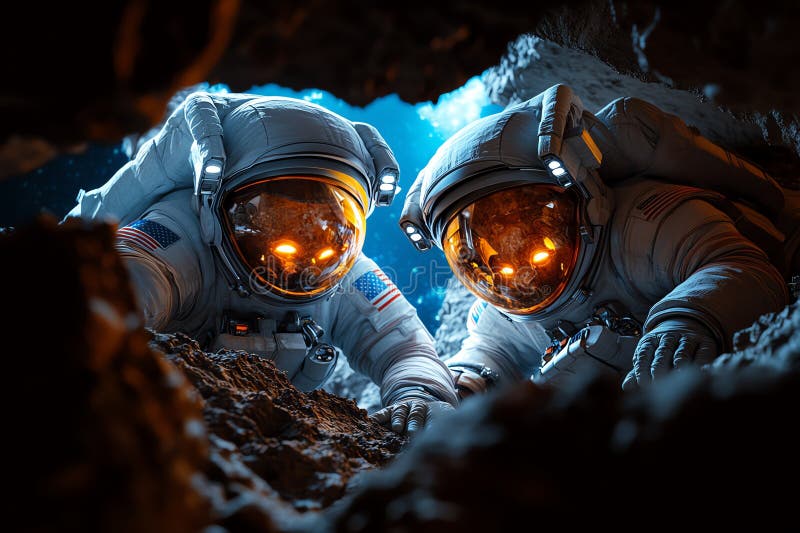 Two Astronauts Exploring a Rocky, Interstellar Cave Illuminated by ...