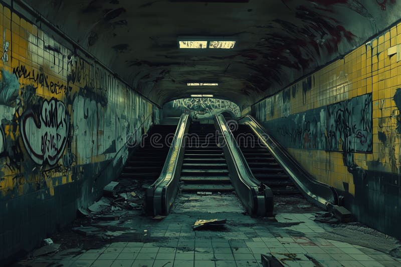 Abandoned and Graffiti-covered Subway Station with Broken Escalators ...